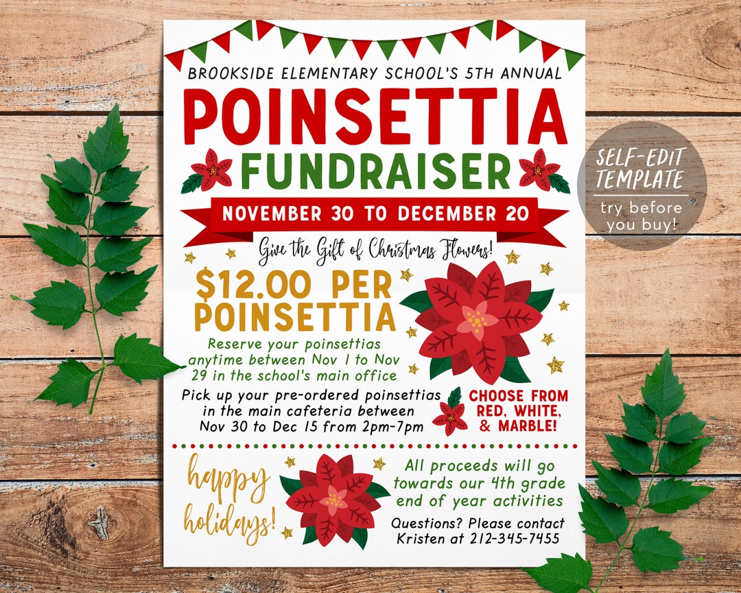 Poinsettia Fundraiser Flyer Editable Template, Christmas Poinsettia ...