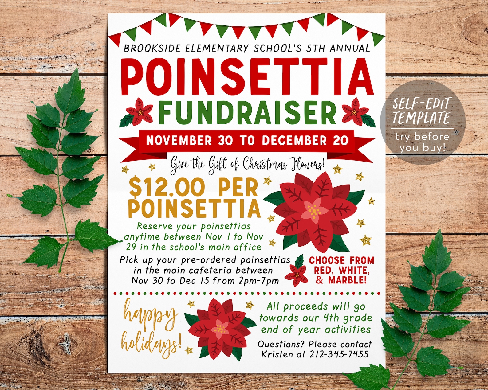 Poinsettia Fundraiser Flyer Editable Template, Christmas Poinsettia ...