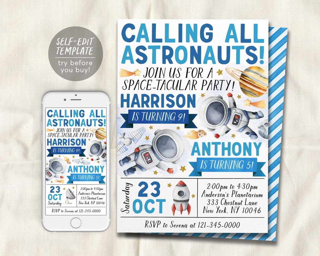 Astronaut Joint Siblings Double Birthday Invitation Editable Template ...