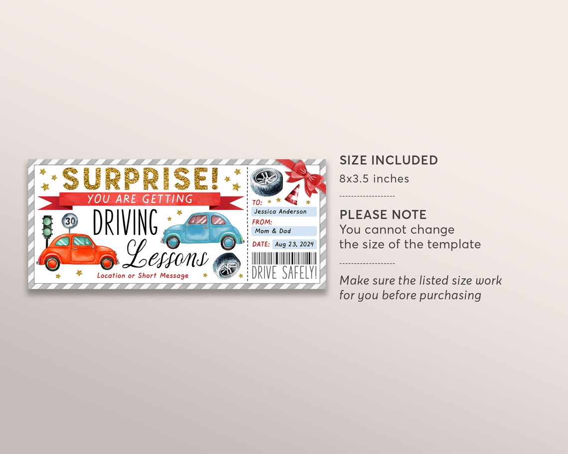 Driving Lessons Gift Certificate Editable Template, Surprise Driving ...