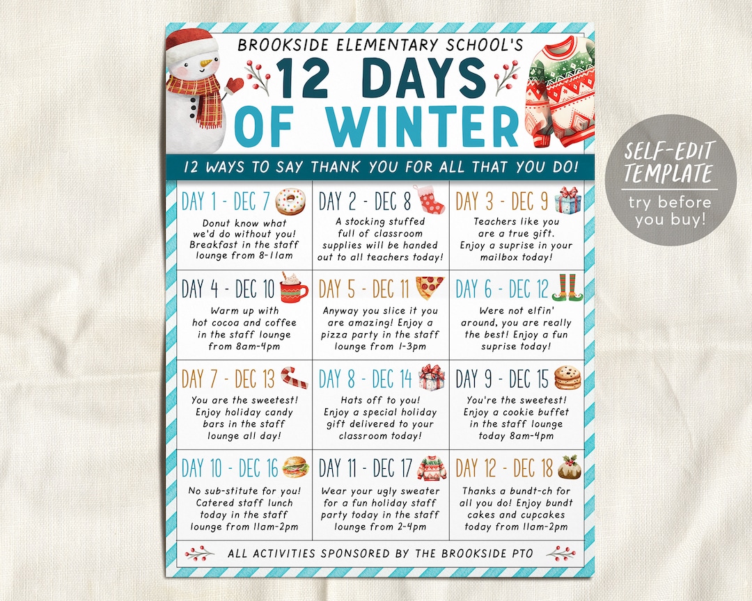 Winter Holiday Appreciation Flyer Editable Template, 12 Days of ...