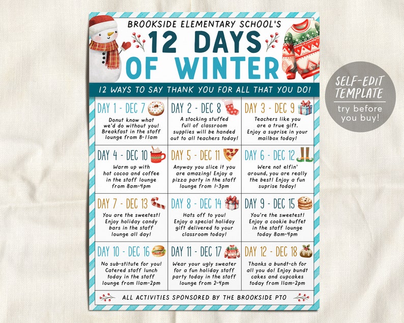Winter Holiday Appreciation Flyer Editable Template, 12 Days of ...