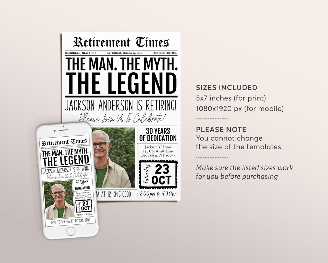 The Man the Myth the Legend Retirement Invitation Editable Template ...