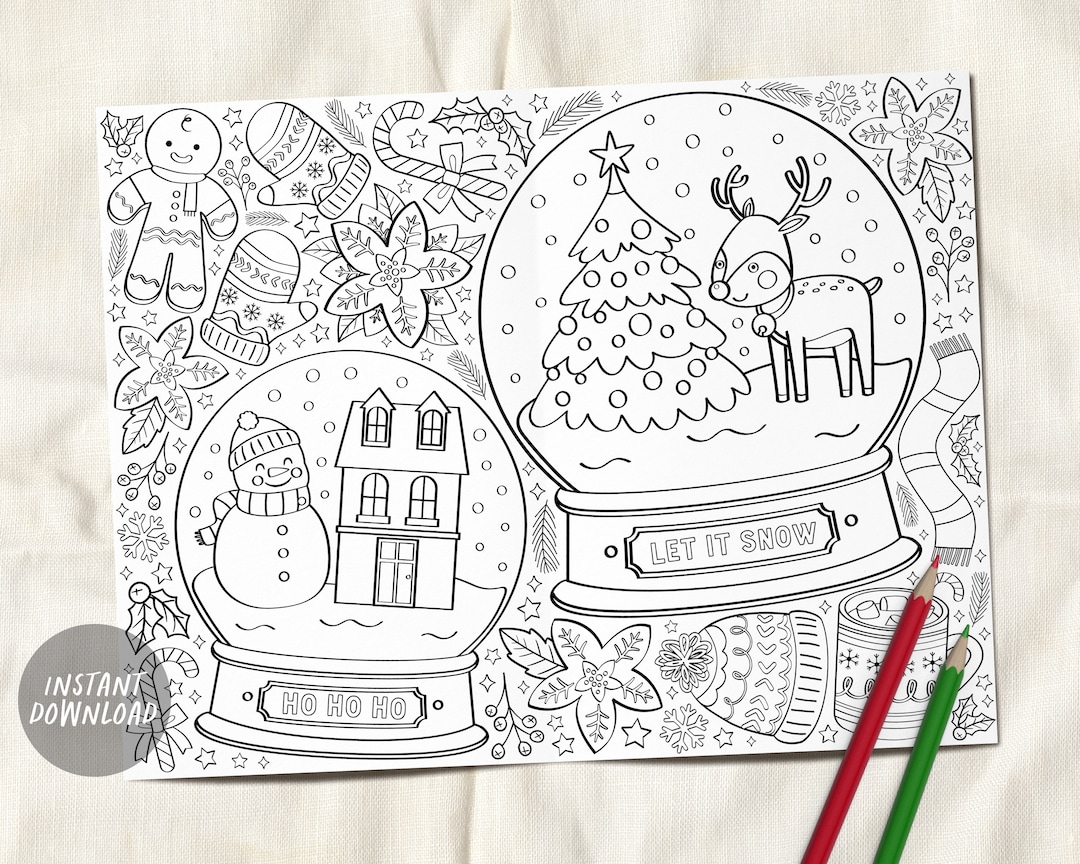 Winter Wonderland Coloring Page Placemat for Kids, Snow Globe Holiday ...