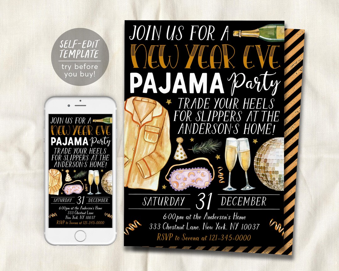 New Year Eve Pajama Party Invitation Editable Template, Adult NYE ...