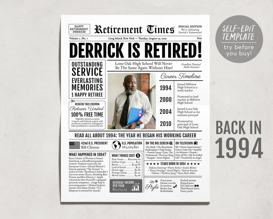 Editable Retirement Celebration Sign, Unique Newspaper Retirement Gifts ...