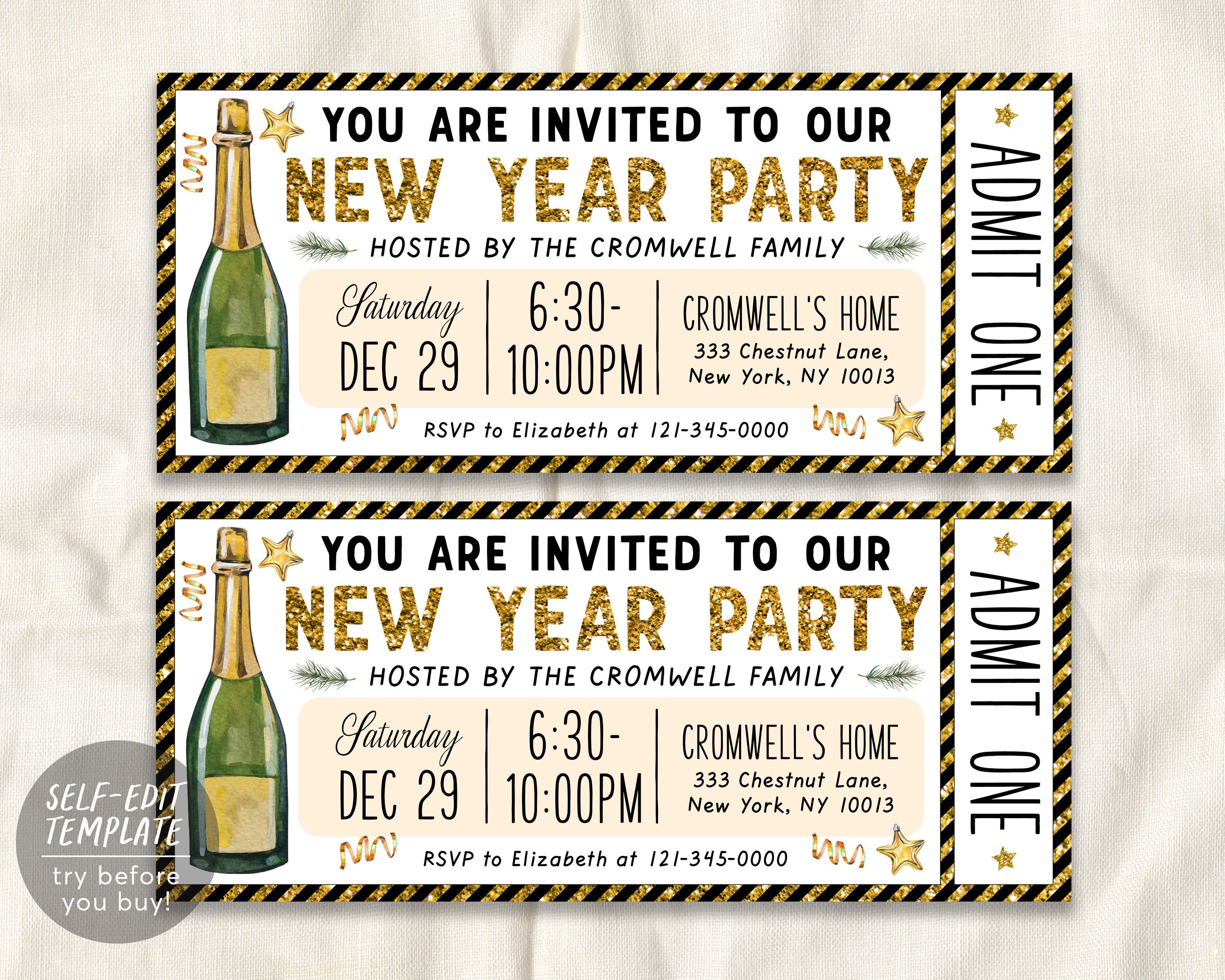 New Years Eve Party Invitation Ticket Entry Editable Template, Surprise ...