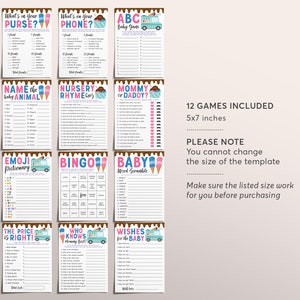 Ice Cream Baby Shower Games Bundle Editable Template, 12 Games Ice ...