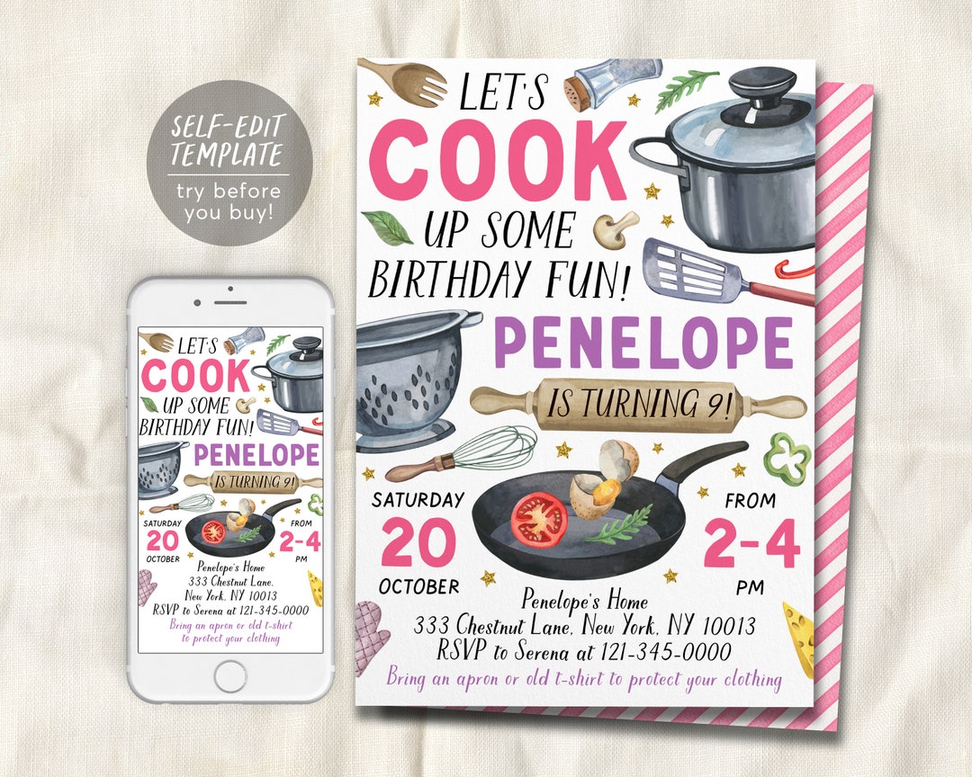Cooking Party Birthday Invitation Editable Template, Kids Cooking Class ...