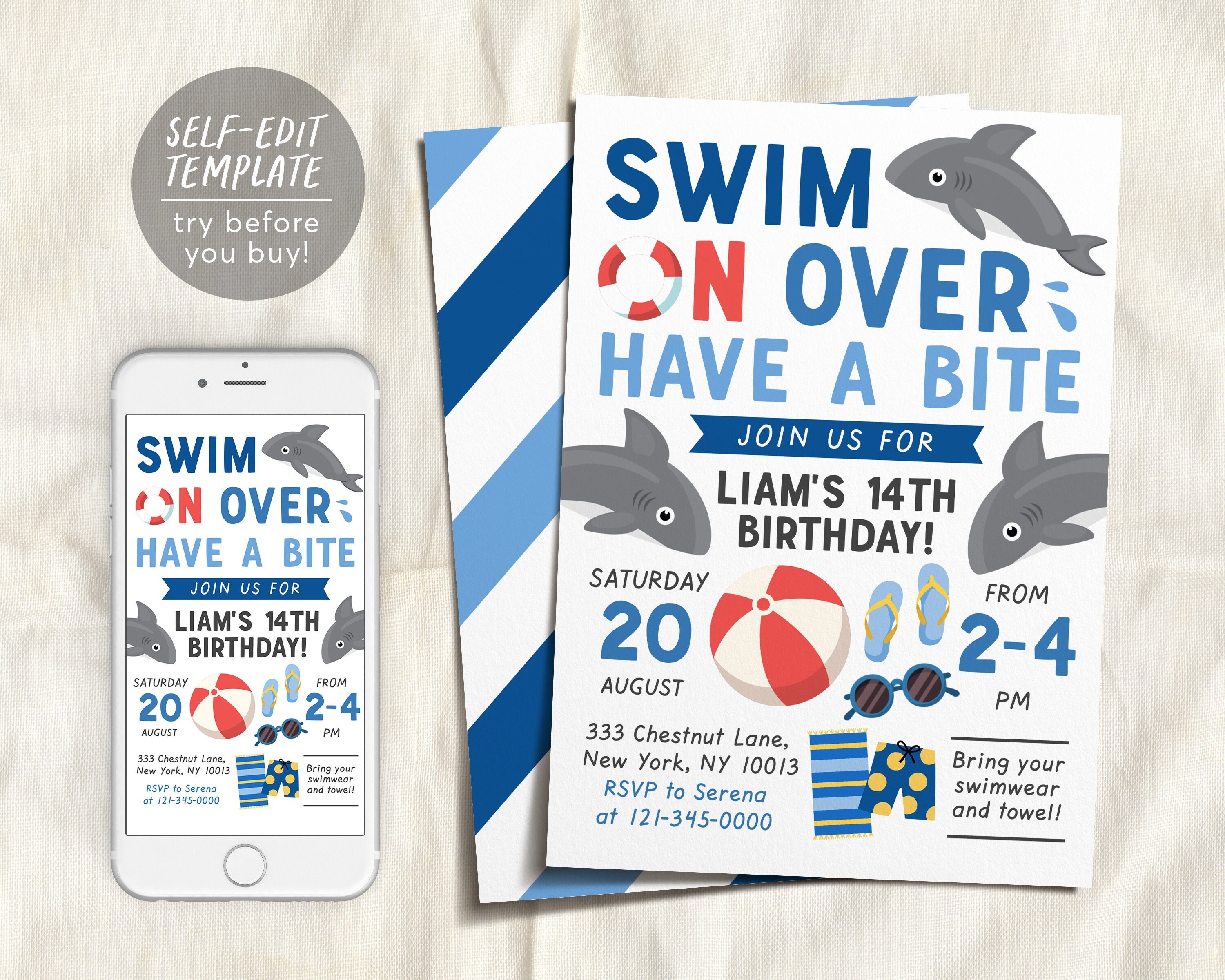 Shark Attack Pool Party Invitation Editable Template, Under the Sea ...