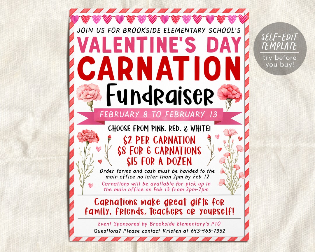 Valentine's Day Carnation Flower Fundraiser Flyer Editable Template ...
