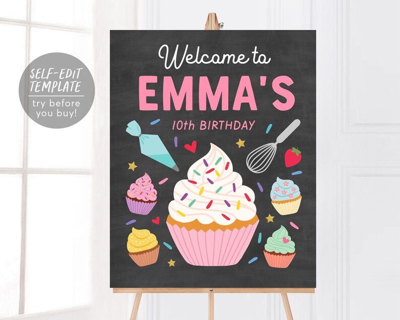 Editable Cupcake Birthday Welcome Sign Template Girl Baking - Etsy