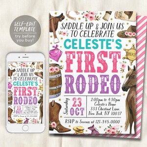 First Rodeo Birthday Invitation Editable Template, Cowgirl Pink Wild ...
