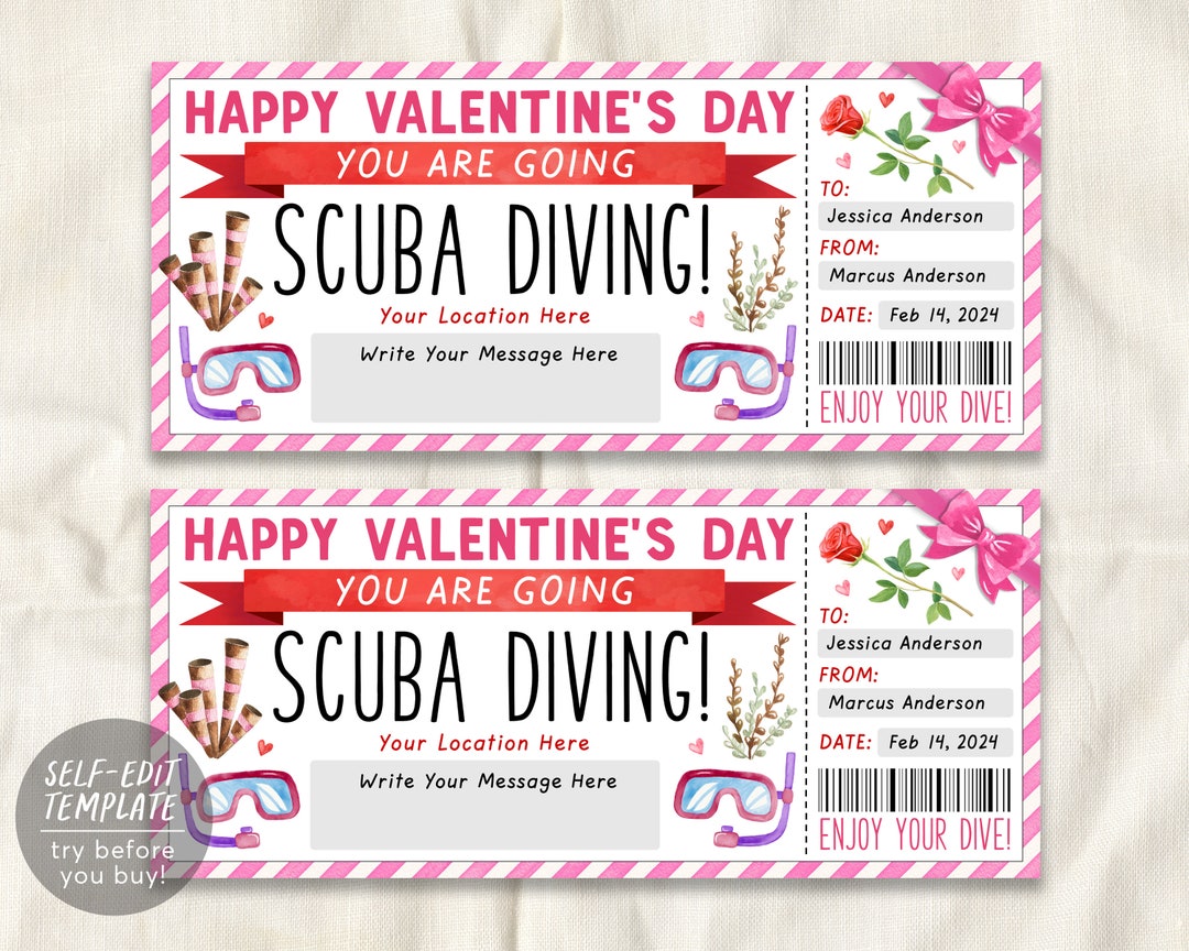 Valentines Day Scuba Diving Ticket Editable Template, Surprise ...