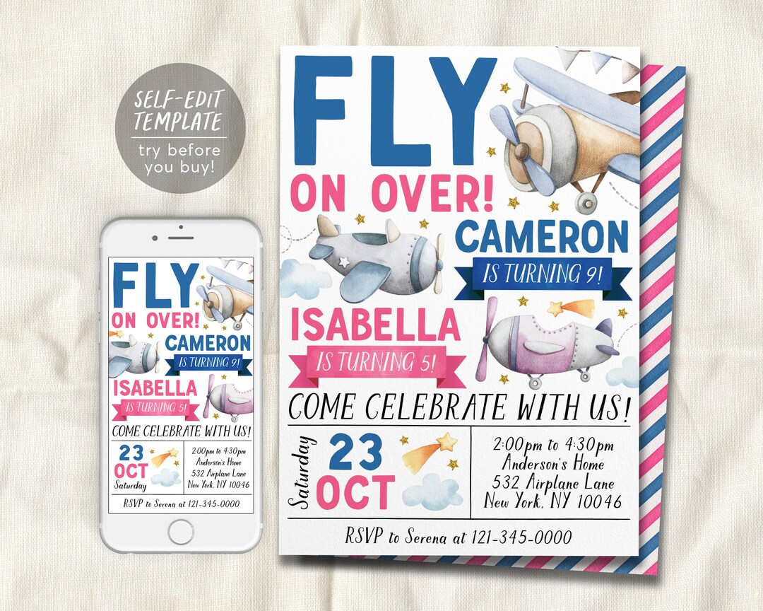 Airplane Joint Siblings Birthday Invitation Editable Template, Twins ...