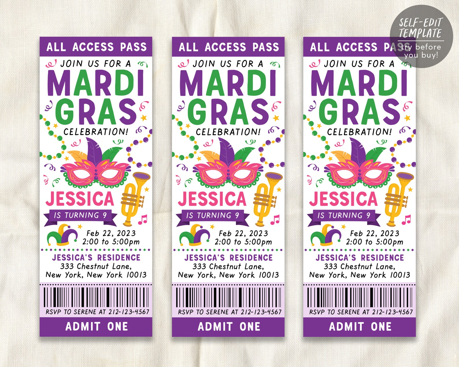 Mardi Gras Ticket Invitation Ticket Editable Template, Mardi Gras Fat ...