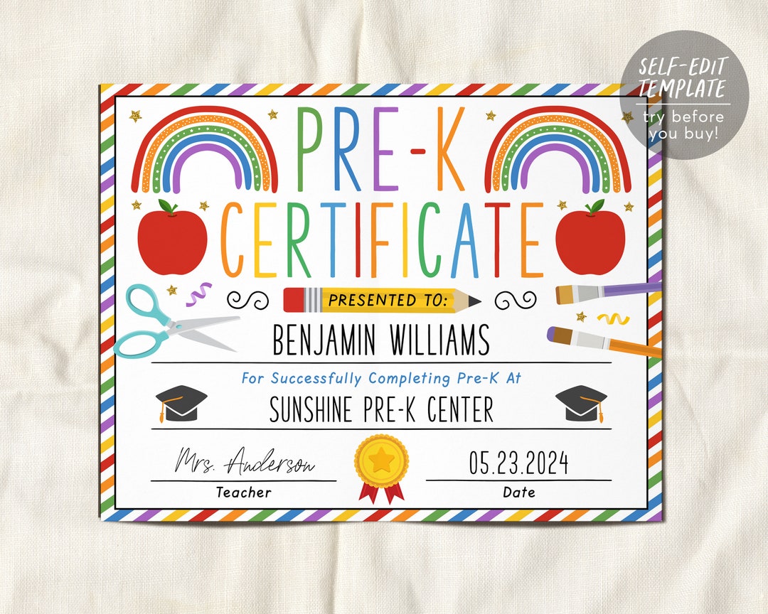 Pre-k Graduation Diploma Editable Template, Preschool Kindergarten ...