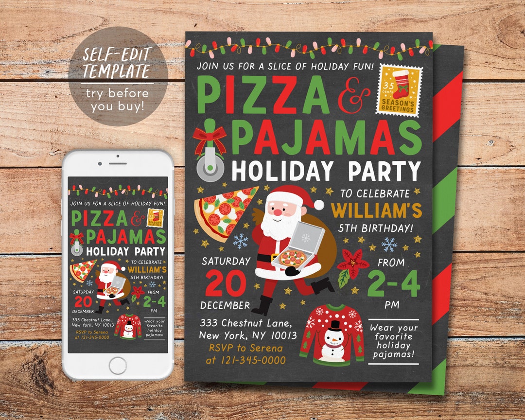 Christmas Pizza and Pajamas Party Invitation Editable Template, Holiday ...