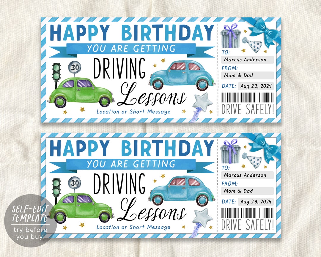 Driving Lessons Gift Certificate Editable Template, 17th Birthday ...