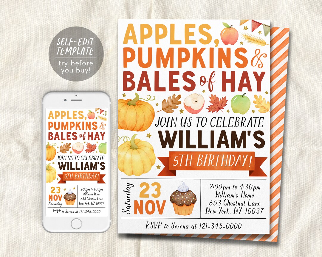 Apple and Pumpkins Birthday Invitation Editable Template, Kids Unisex ...