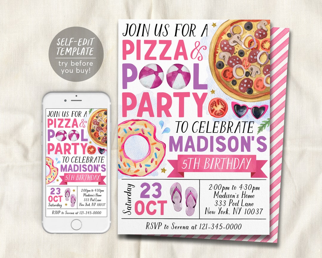 Pizza Pool Party Birthday Invitation Editable Template, Summer Swimming ...