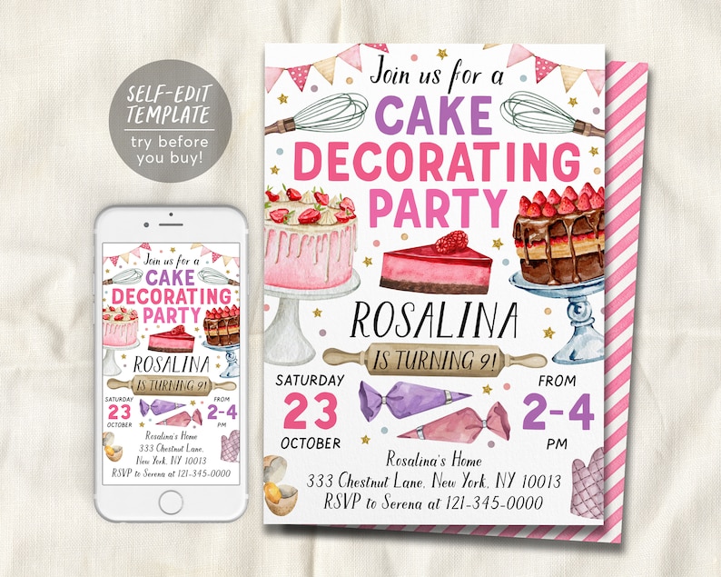 Cake Decorating Party Invitation Editable Template, Girl Baking ...