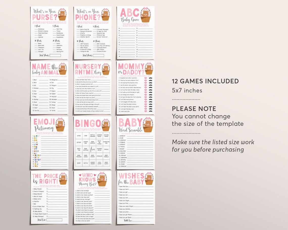 Teddy Bear GIRL Cute Baby Shower Games Bundle Editable - Etsy