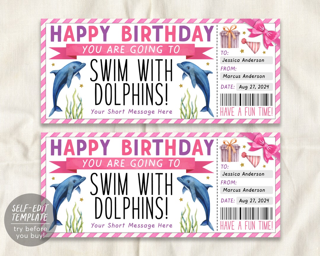 Swim With Dolphins Ticket Editable Template, Birthday Surprise Dolphin ...