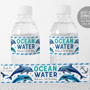Dolphin Water Bottle Labels Editable Template, Boy Ocean Water Under ...