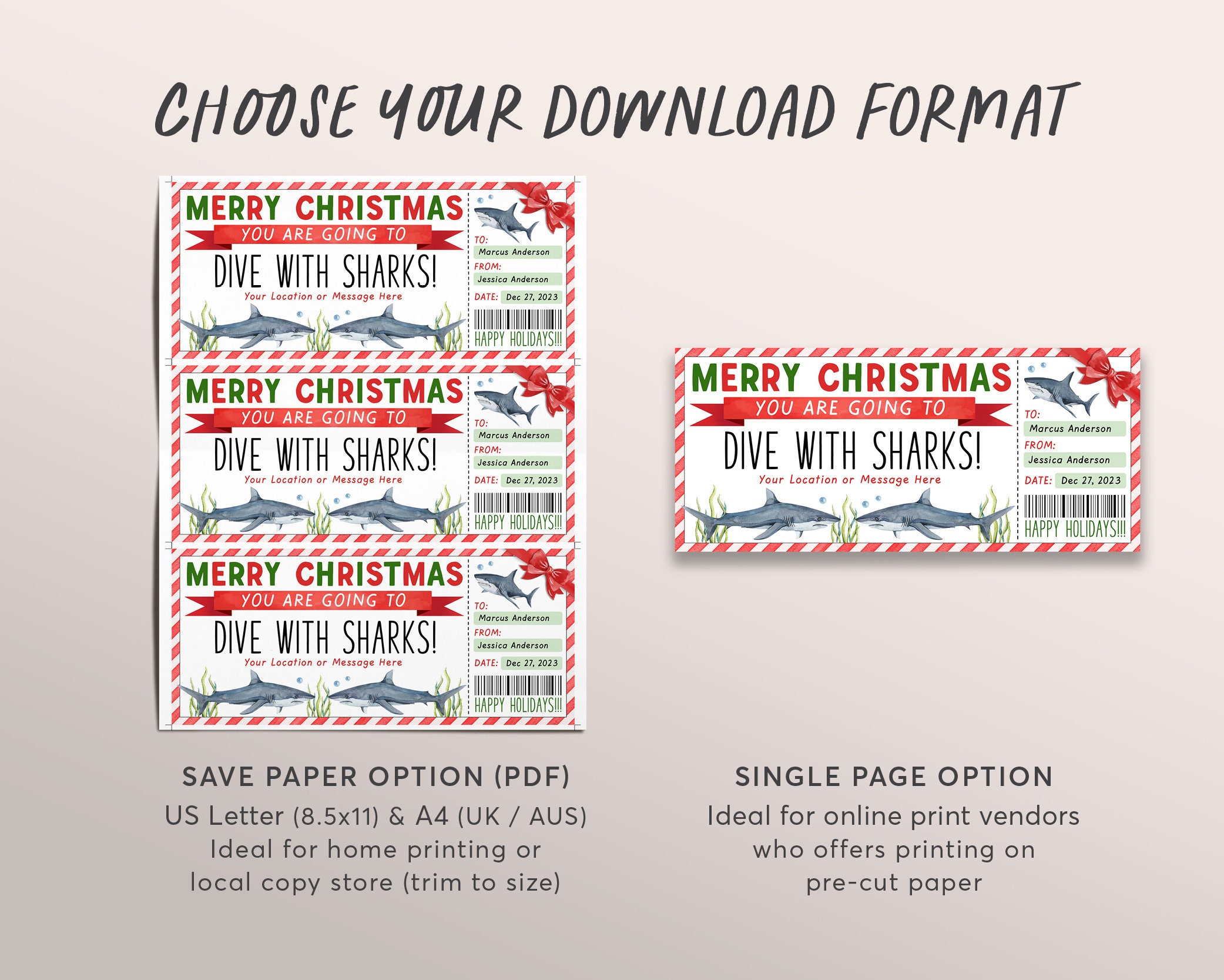 Christmas Dive With Sharks Ticket Editable Template, Surprise Cage ...