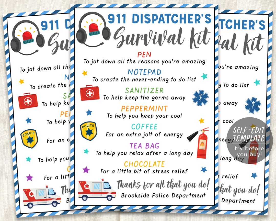 Emergency 911 Dispatcher Kit Gift Tags Editable Template, First ...