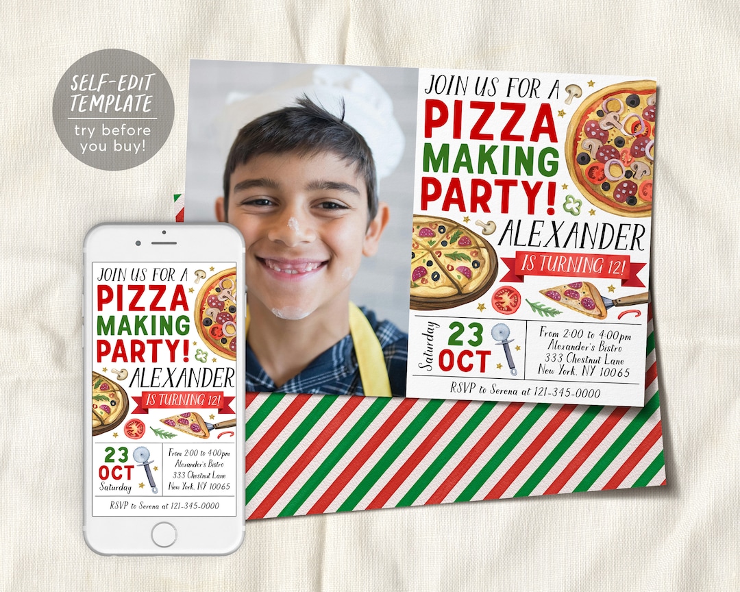 Pizza Making Party Birthday Invitation With Photo Editable Template ...