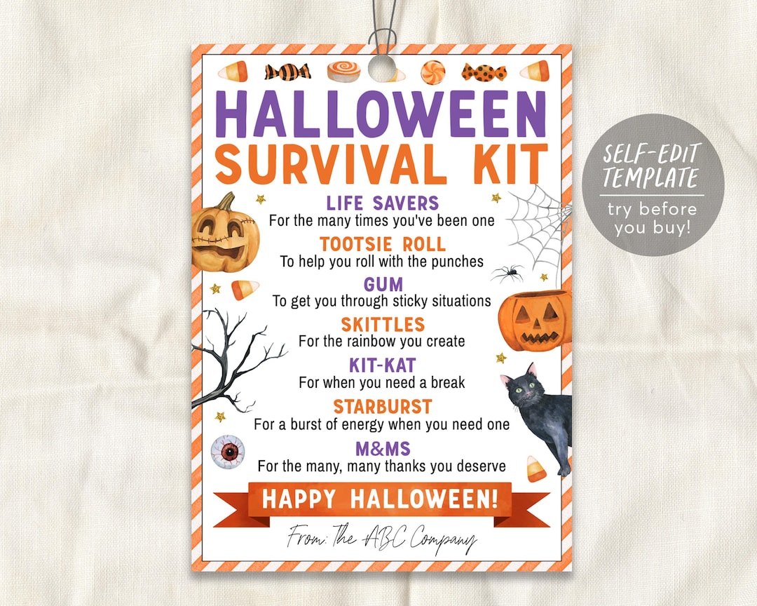 Halloween Survival Kit Tag Editable Template, Fall Autumn Holiday Treat ...