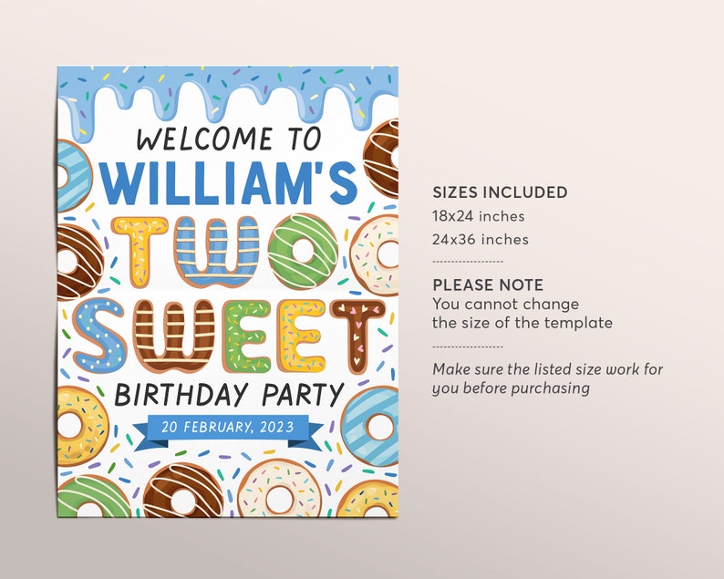 Donut Welcome Sign Boy Two Sweet Party Editable Template 2nd - Etsy