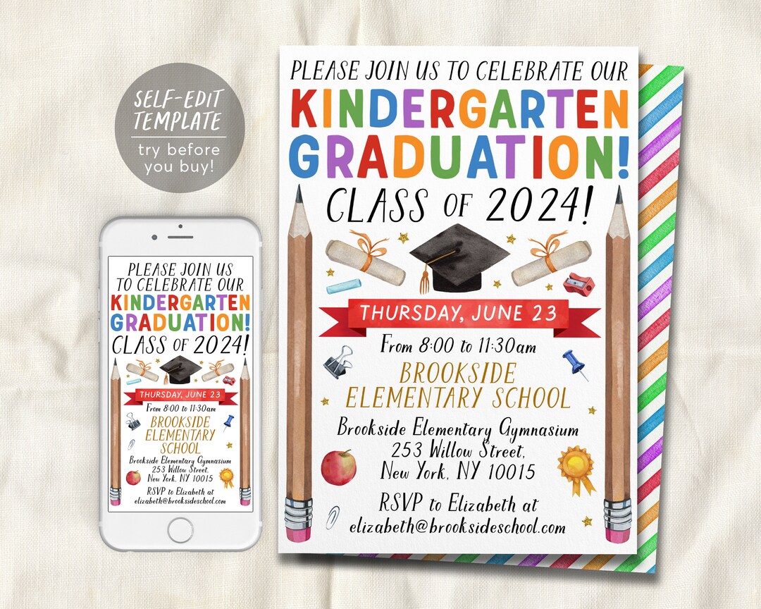 Kindergarten Graduation Invitation Editable Template, Class Graduation ...