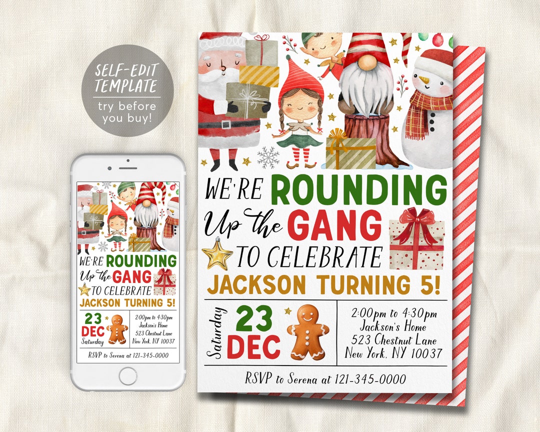 We're Rounding up the Gang Birthday Invitation Editable Template, Santa ...