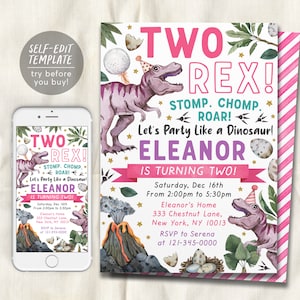 Two Rex Dinosaur Birthday Invitation Editable Template, T-rex Dino Girl ...