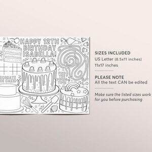 Cake Decorating Birthday Party Coloring Placemat for Kids Tween Teens ...
