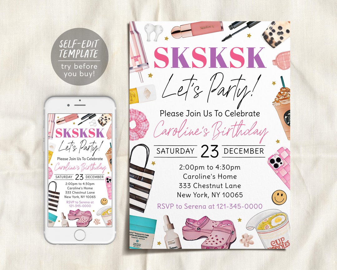 VSCO Girl Birthday Invitation Editable Template, Sksksk Teen Tween Girl ...