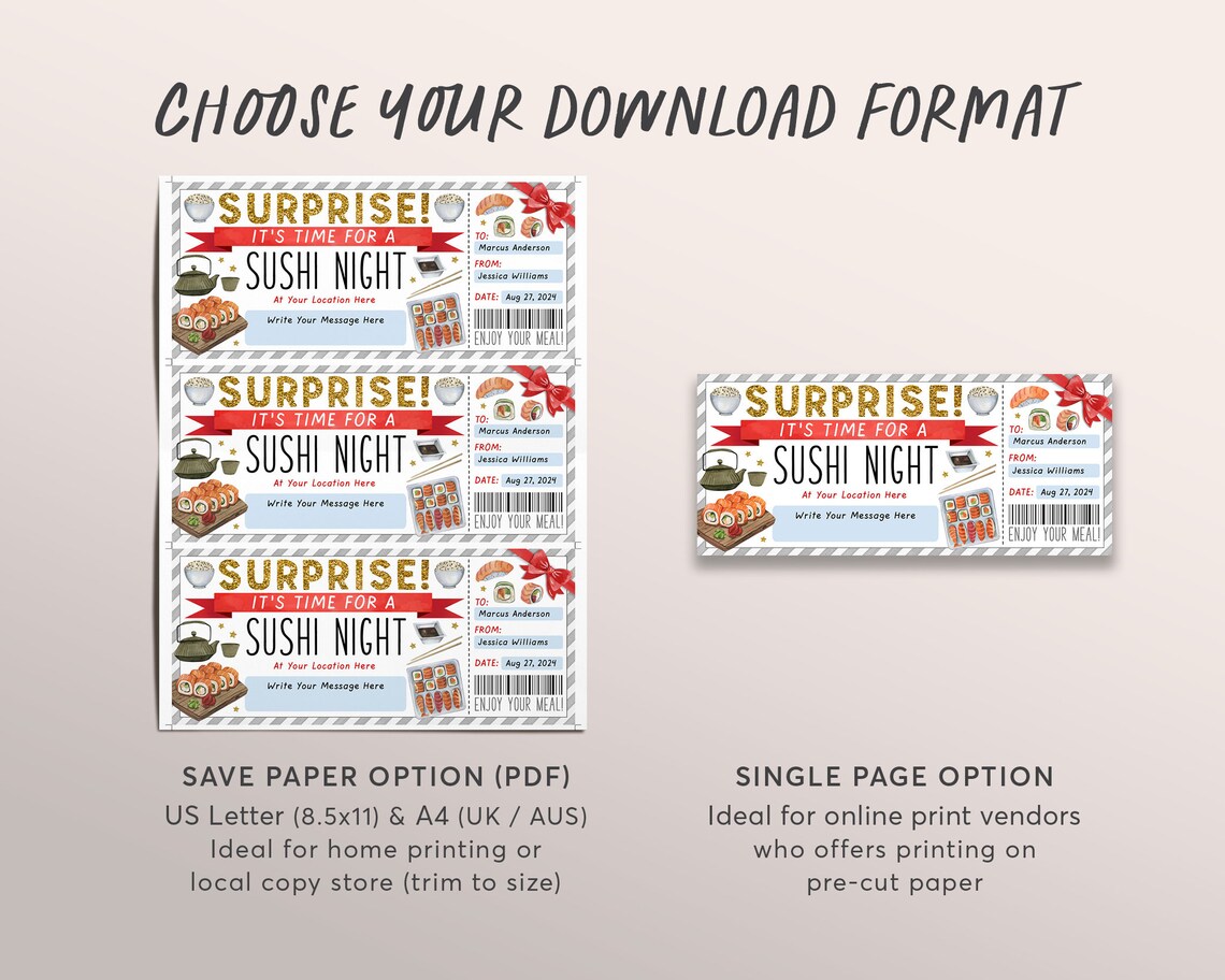 Sushi Night Ticket Voucher Editable Template, Surprise Sushi Date Night ...