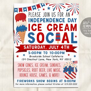 4th of July Ice Cream Social Flyer Editable Template, Independence Day ...