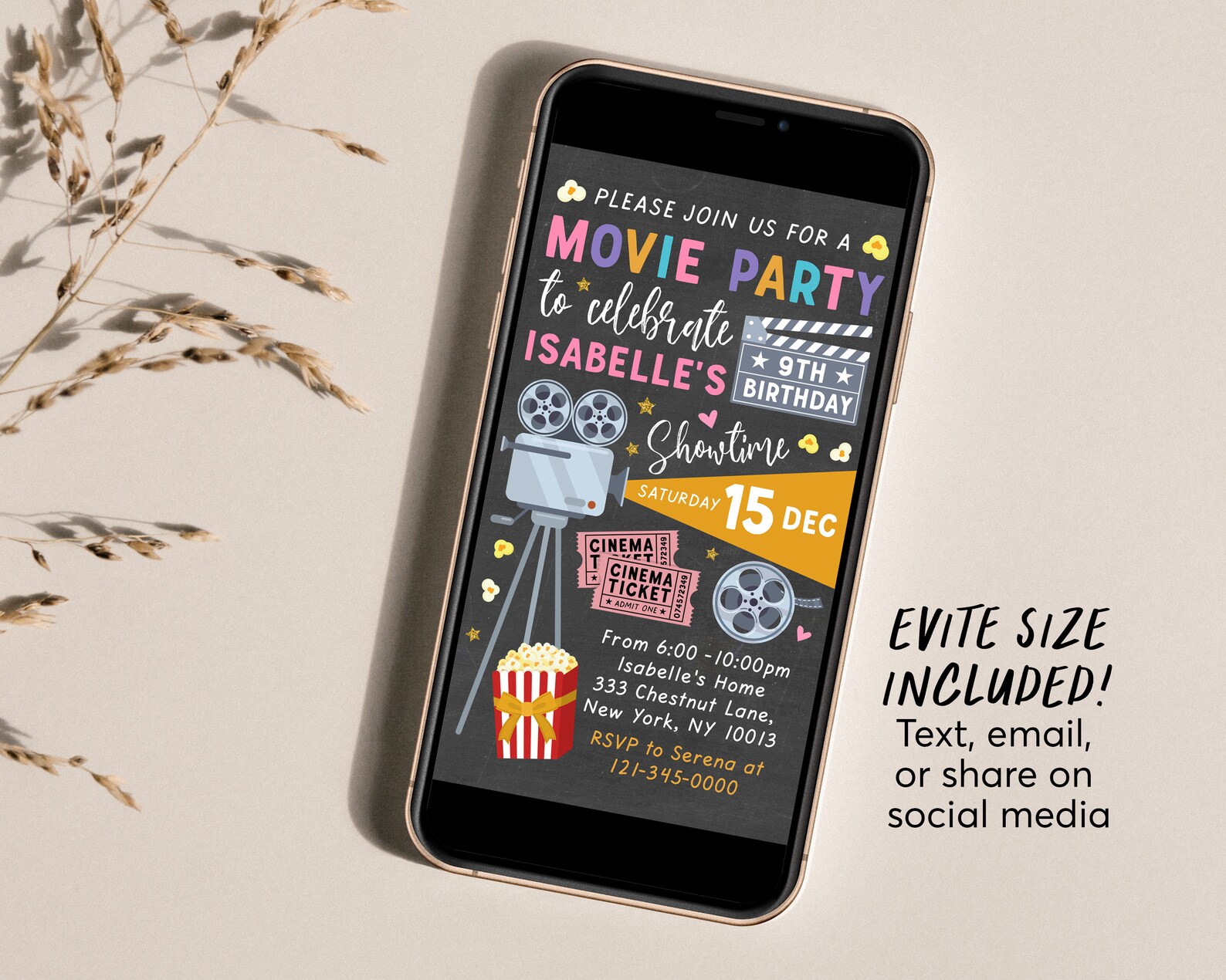 Movie Night GIRL Birthday Invitation Editable Template Cinema - Etsy