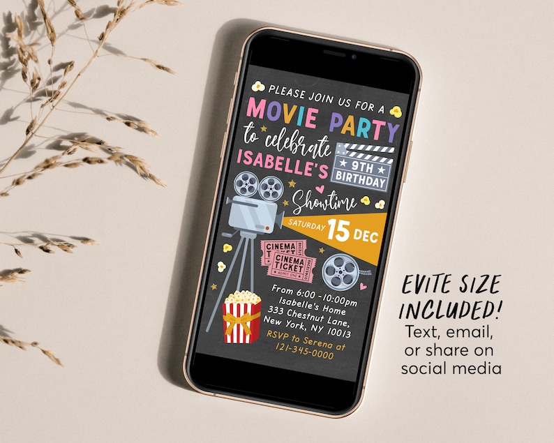 Movie Night GIRL Birthday Invitation Editable Template, Cinema ...