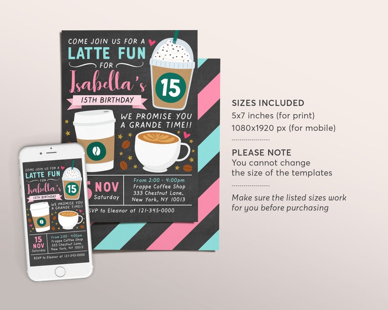 Coffee Birthday Invitation Editable Template, GIRL Latte Fun Invite ...