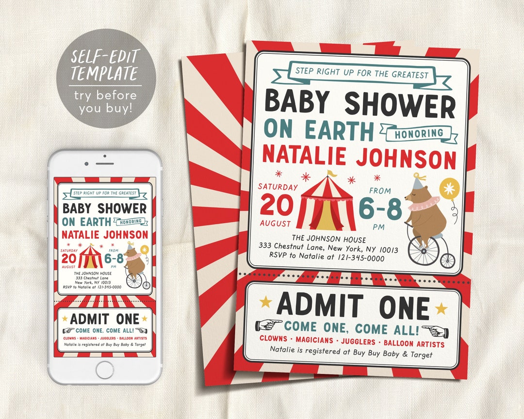 Editable Circus Baby Shower Invitation Template, Carnival Fair Vintage ...