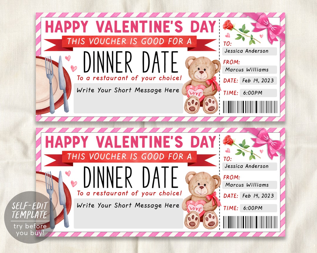 Dinner Night Gift Voucher Certificate Editable Template, Surprise ...