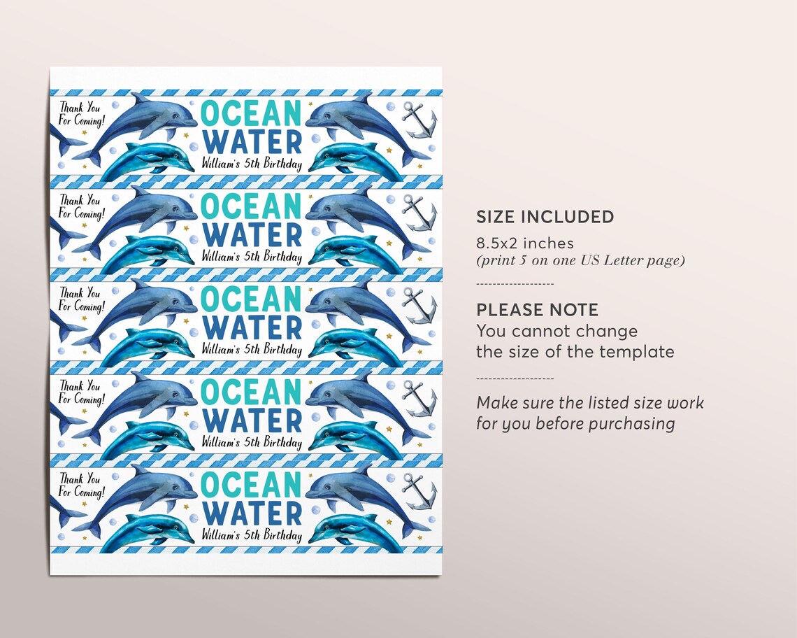 Dolphin Water Bottle Labels Editable Template, Boy Ocean Water Under ...