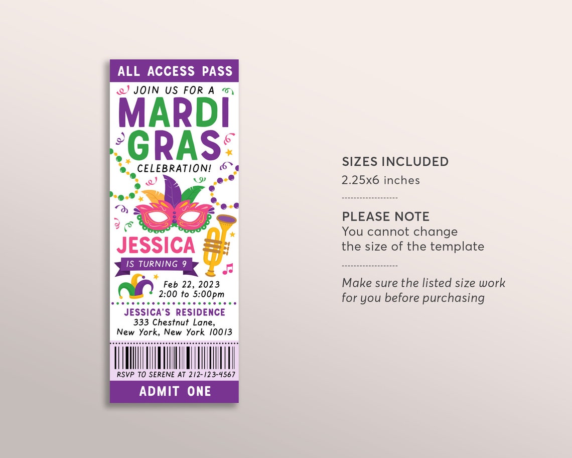 Mardi Gras Ticket Invitation Ticket Editable Template, Mardi Gras Fat ...