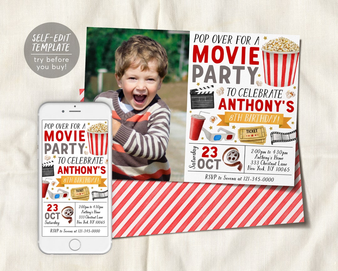Movie Birthday Invitation With Photo Editable Template, Unisex Pop on ...
