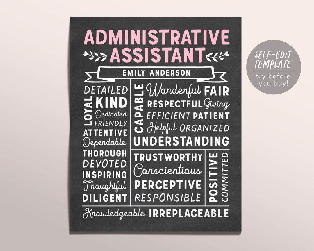 Editable Administrative Assistant Chalkboard Gift Print Template, Admin ...